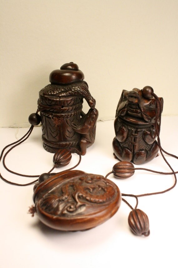 Carved Wood Inro Boxes Japanese Inro Boxes by BeadinAroundTheBlock