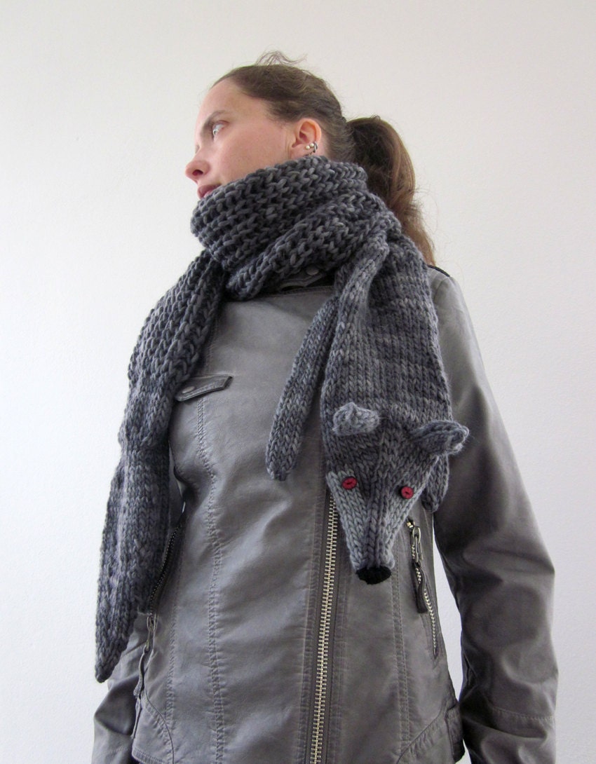 Hand knit long wolf scarf in grey black with polymer clay