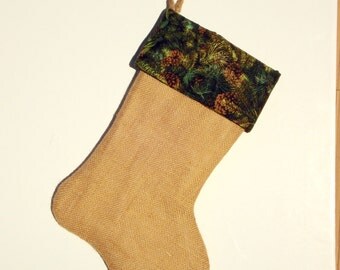 Rustic Burlap stocking, Pine cones and fir tree Christmas stocking ...