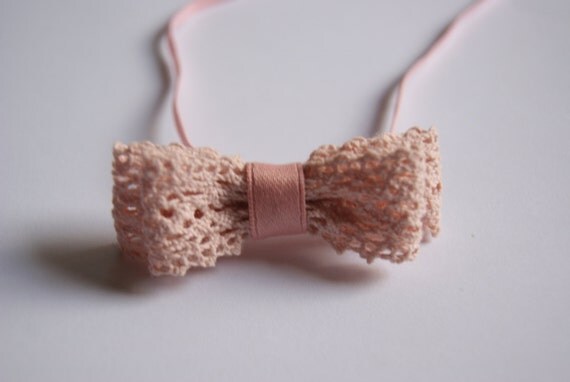 Items similar to Small Ivory Crochet Ribbon on Pink Elastic Headband ...