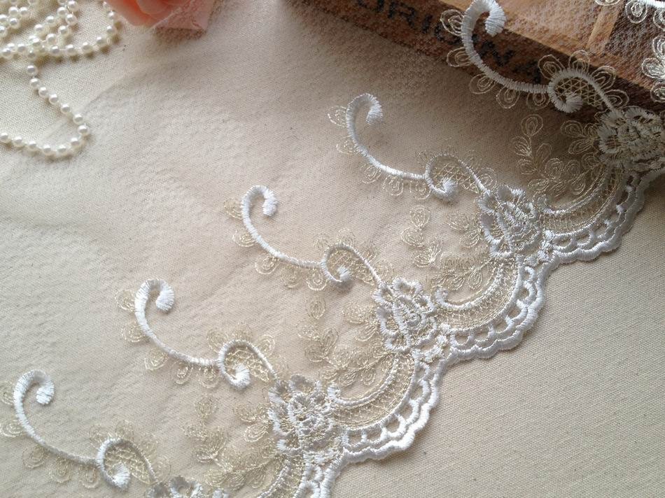 Lace Trim White and Gold Thread Embroidered Tulle Lace Retro