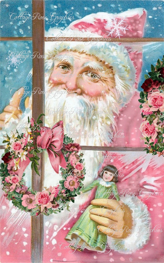 Pink Santa at the window and pink roses Large digital download