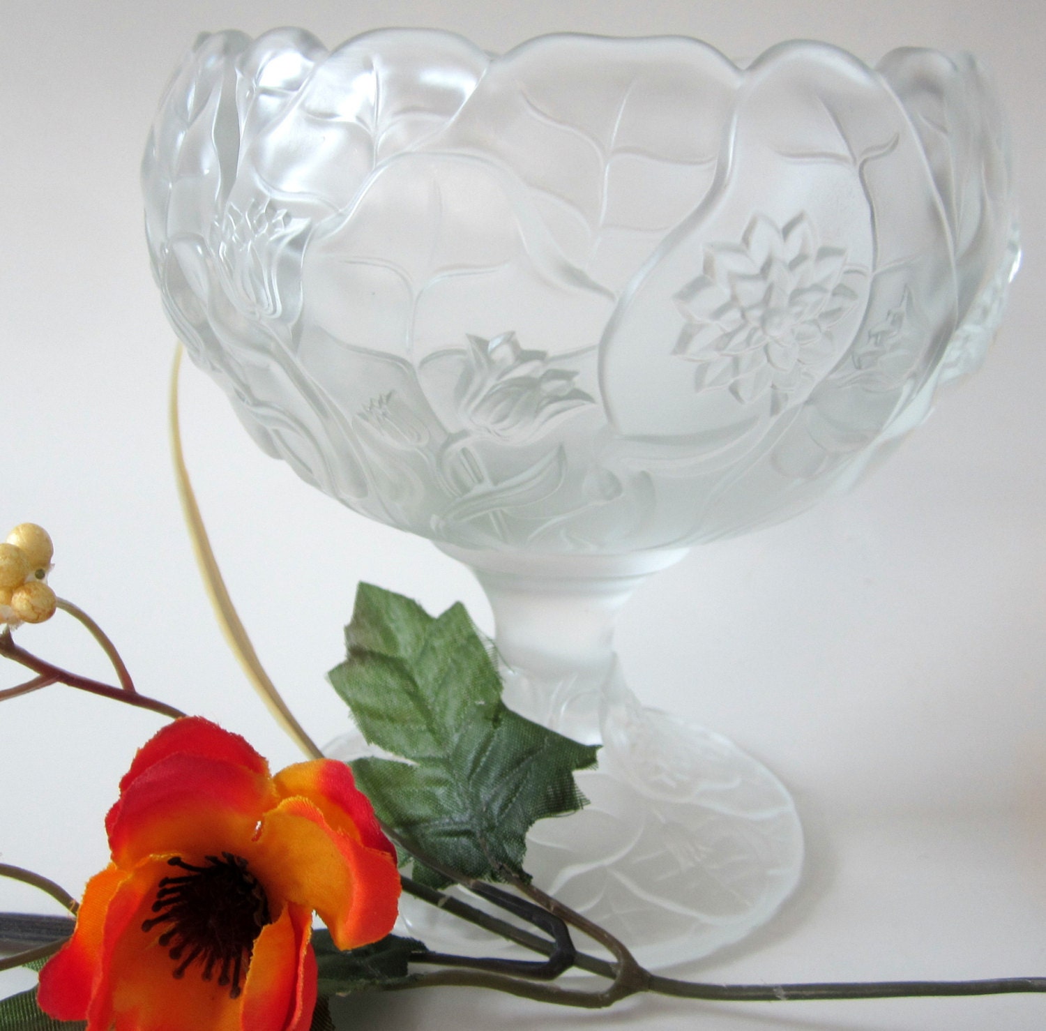 Fenton Flower Compote Pedestal Frosted Glass Embossed Raised Floral ...