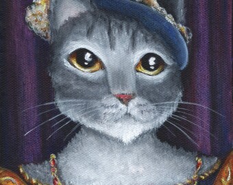 Regency Cat Greeting Card Grey and White Cat in by TaraFlyArt
