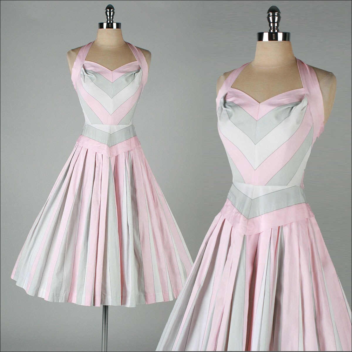 Vintage 1950s Dress Pink Grey Striped By Millstreetvintage