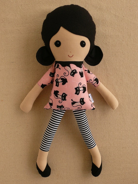 Fabric Doll Rag Doll Black Haired Girl In Pink And By Rovingovine