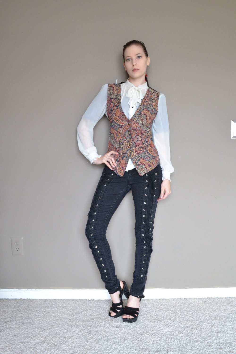 80s Tapestry Brocade Vest Button Down Vest by TrendyPantsVintage