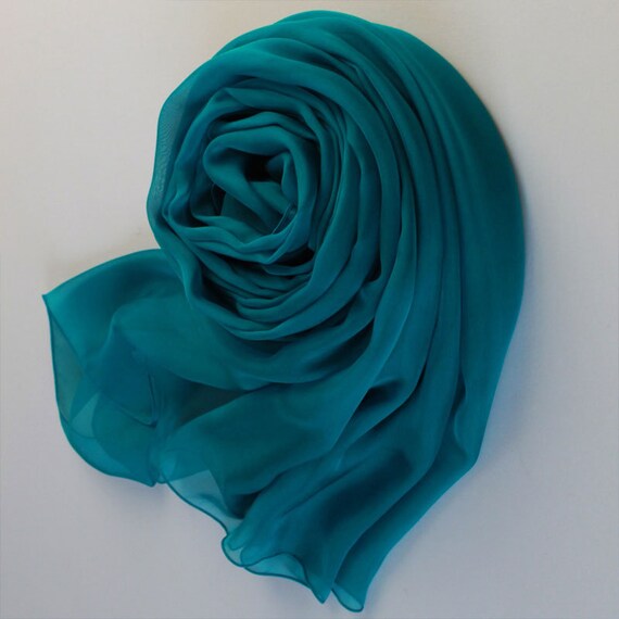 Dark Cyan Silk Scarf Teal Mulberry Silk Chiffon Scarf by RobePlus