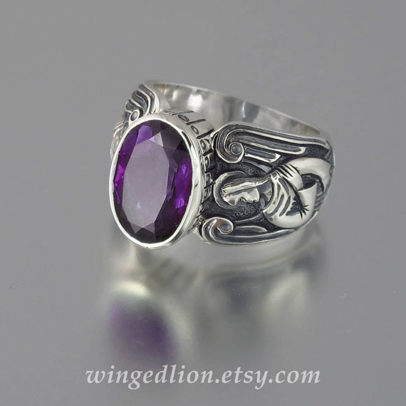 GUARDIAN ANGELS Mens silver ring with Amethyst sizes 8 to 14