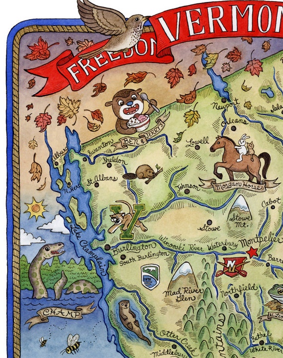 Map of Vermont State Art Print 11x14 by SepiaLepus on Etsy