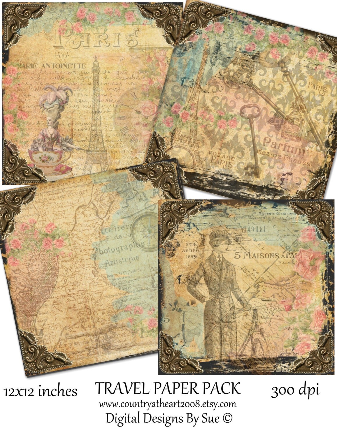 INSTANT DOWNLOAD Travel Paper Pack 4 12x12 Sheets