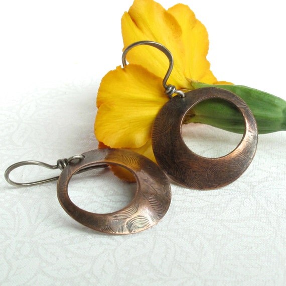 Copper Hoop Earrings Embossed And Wire Wrapped By Moonjigjewelry