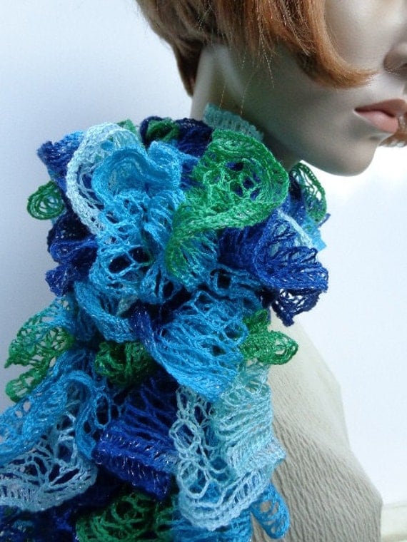 Lacey Scarf Frilly Scarf Knitted Frilly Scarf Blues Green