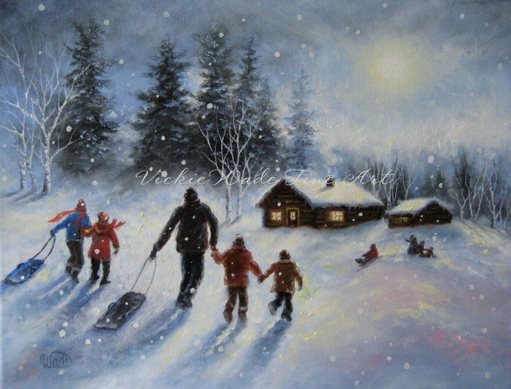 Snow Sledding Art Print winter cabin snowy cabin family