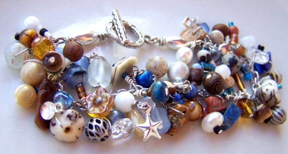 fringe charm bracelet. blue. brown. white. silver unique