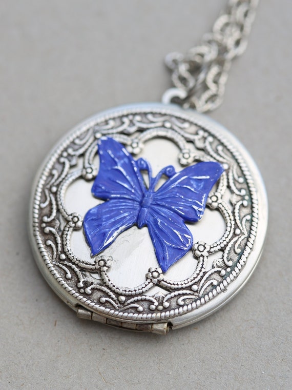 Items similar to Blue Butterfly Silver Locket,Blue Locket,filigree ...