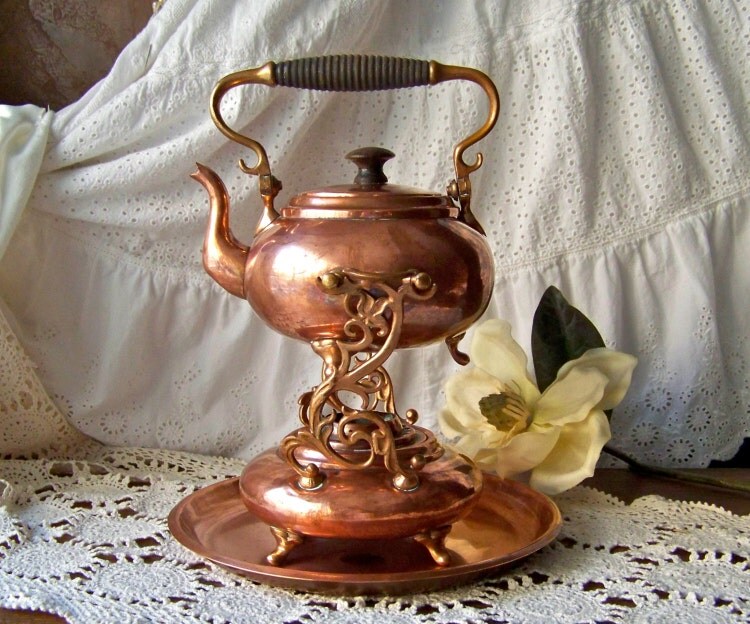 Antique Copper Tea Kettle with Warming Stand 1892 by CynthiasAttic