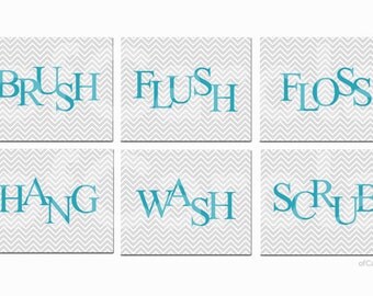 BATHROOM Wall Art Print Set - SIX PRINTS Personalized - Brush Flush ...