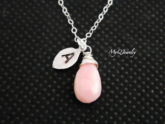 October Birthstone Necklace Pink Opal Necklace Initial Charm