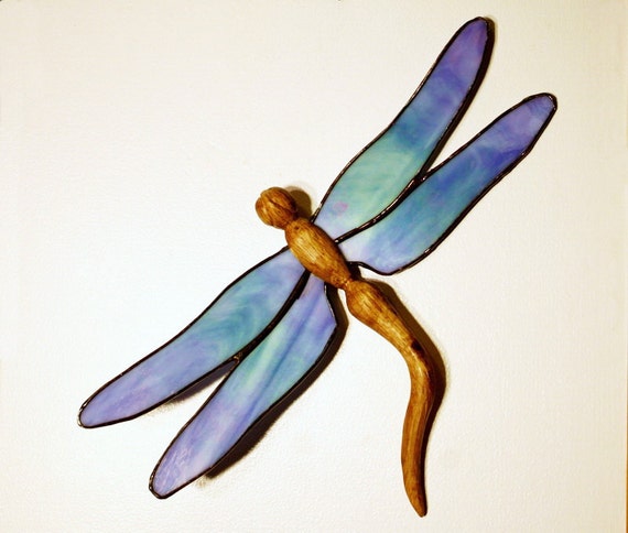 Dragonfly Wood Carving with Stained Glass Wings by BerlinGlass