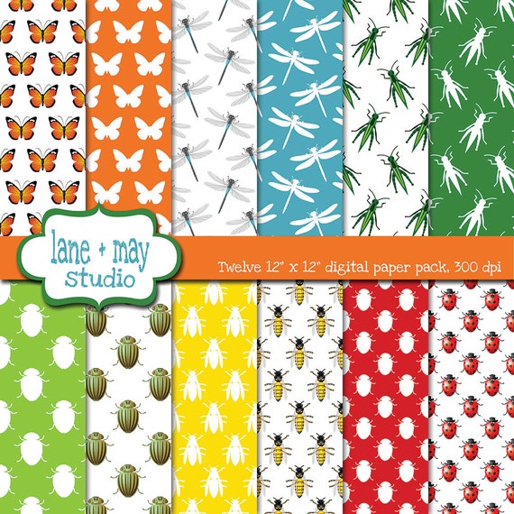 digital scrapbook papers bug theme patterns INSTANT