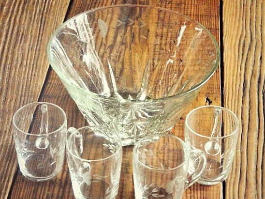 Vintage Cut Glass Punch Bowl & Cup Set Princess House
