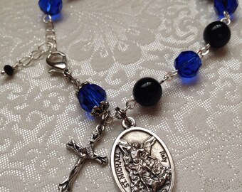 St Michael black and blue catholic rosary bracelet, Thin Blue Line