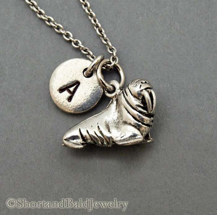 Walrus Charm Walrus necklace initial by ShortandBaldJewelry