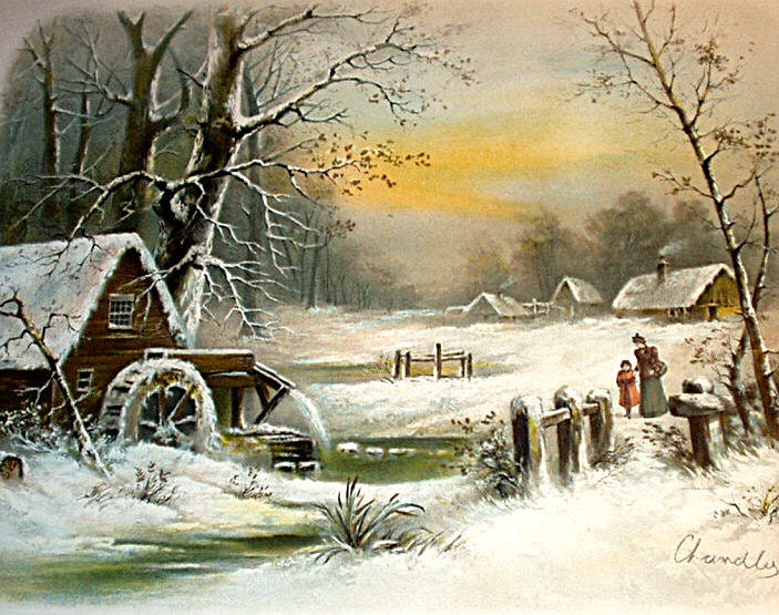 Chandler Old Water Mill Winter Snow Scene 1895 Antique