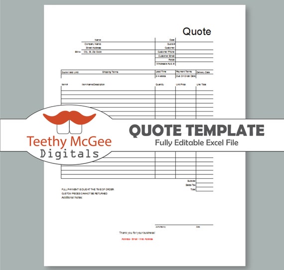 Quote Form Template Instant Download Editable Business Tool