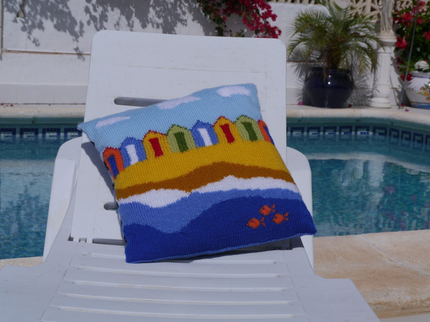 Beach Huts Cushion Knitting Pattern, Pillow Knitting Pattern with Beach ...