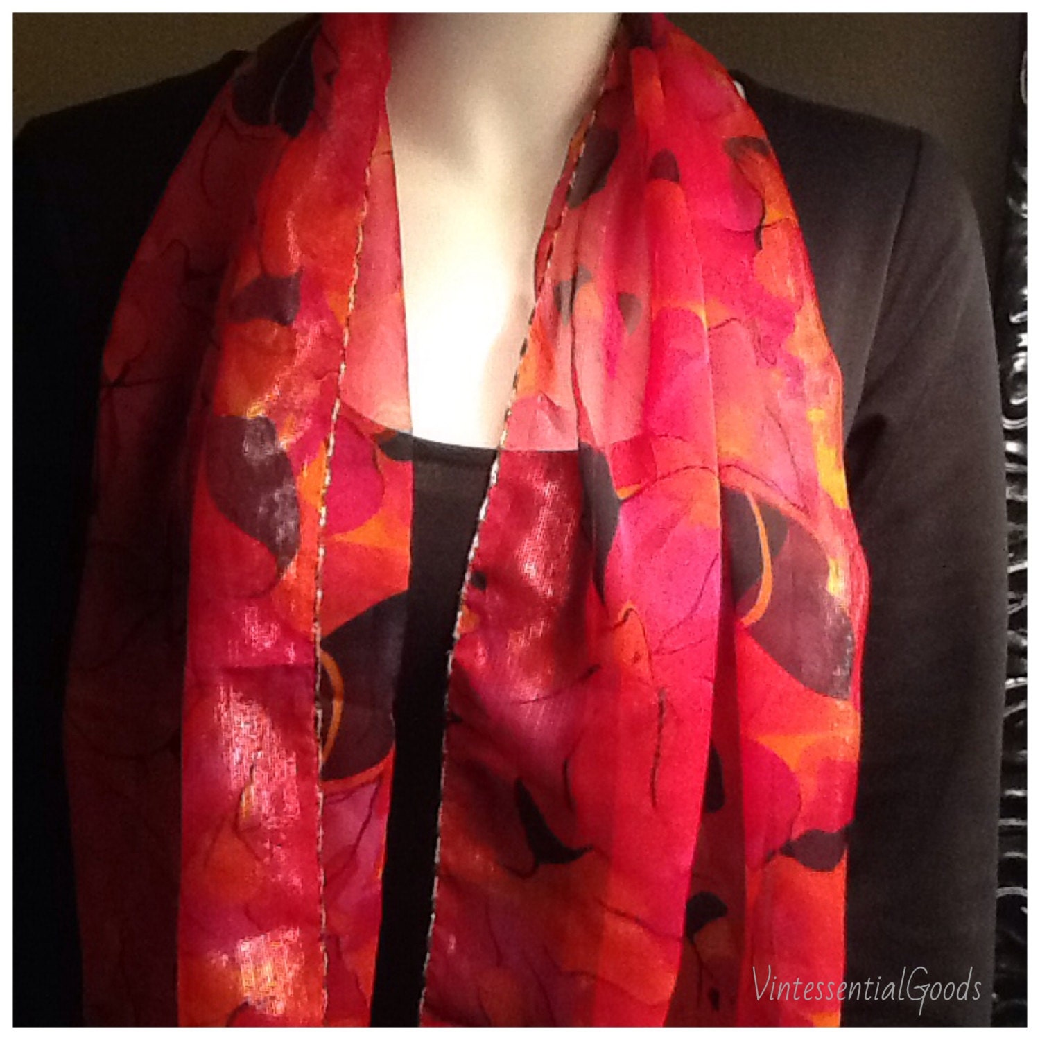 Vintage Jewel Tone Sheer Scarf / Red / Tangerine / Magenta / Black ...