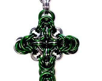 Green Chainmaille Cross Keychain