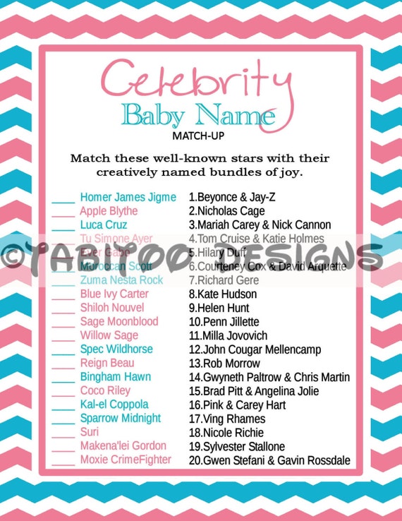 Celebrity Baby Name Match Up Game Baby Shower PRINTABLE