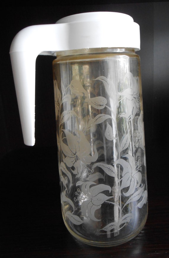 Vintage 70s Glass Tang Pitcher Clear Frosted Flower by LizsTallent