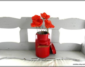 Large French vintage red metal, painted red, milk can, bucket.with lid.