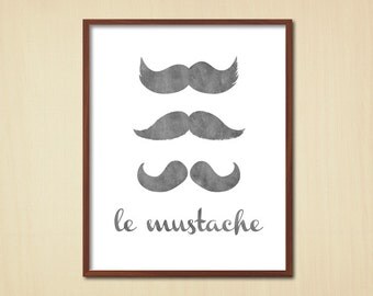 Le Mustache Poster, mustache Illustration, Watercolor , grey, wall ...