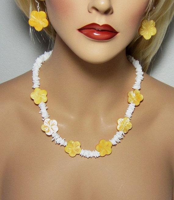 Items similar to Hawaiian Style Lei Necklace White Puka Shell Yellow ...