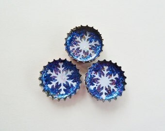 Set of 3 Blue Sparkly Winter Frozen Snowflake Bottle Cap Fridge ...