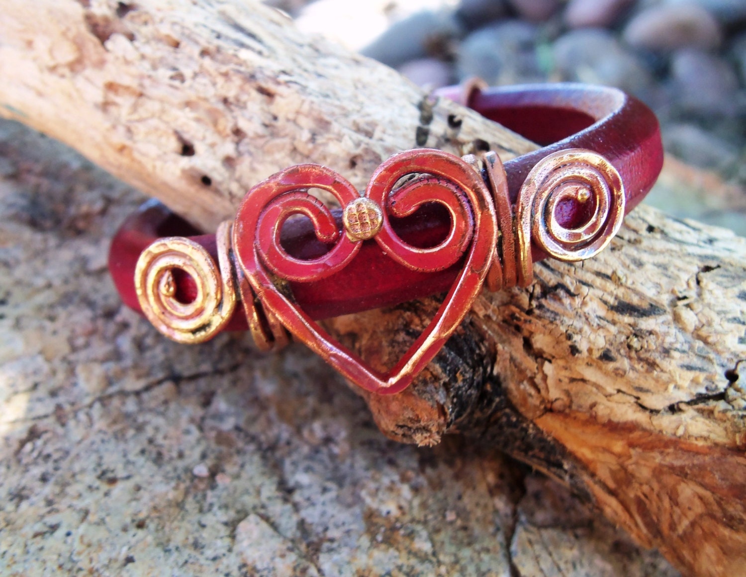 Red Leather Bracelet Rustic Copper HEART Bracelet Cowgirl