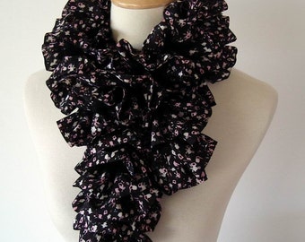 Black Organza Pink White Flowers Ruffle Scarf Knit Fashion Fabric ...