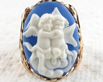 Guardian Angel Cherubs Cameo Ring Sterling Silver Jewelry