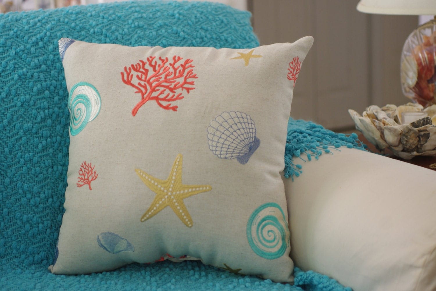 Beach Decor Embroidered Seashell Starfish and Sea Fan Linen