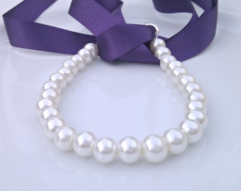 Pearl Ribbon Tie Necklace, Bridesmaid Pearl Purple Ribbon Necklace ...