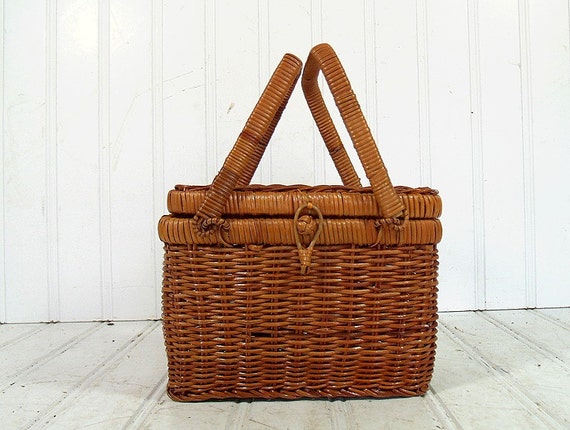 Petite Wicker Two Handled Basket Vintage Hand Woven