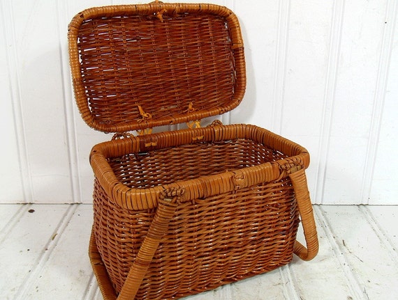 Petite Wicker Two Handled Basket Vintage Hand Woven