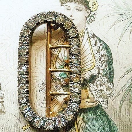 Antique buckle, elongated oval shape, encircled with diamante, 3 prong ...