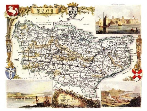 Kent 1841 Antique English County Map of Kent 8 x 10 ins
