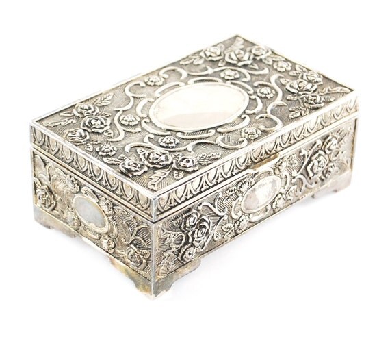 Vintage Silver Jewelry Box Silver Repousse Metal Jewelry Box