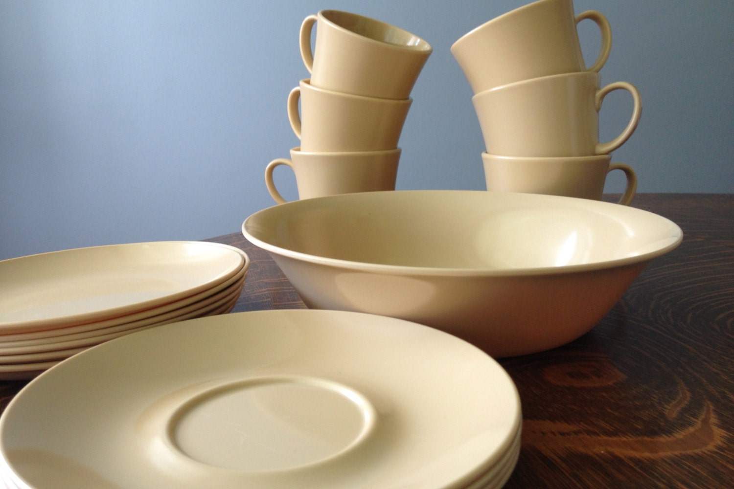 Texasware tan plates, cups, saucers, serving bowl, 17 piece set ...